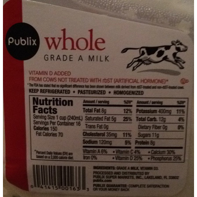 Product Great Value Milk Label